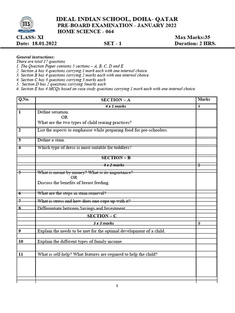 Home Science Class 11 Preboard Set 1 | PDF | Child Development ...