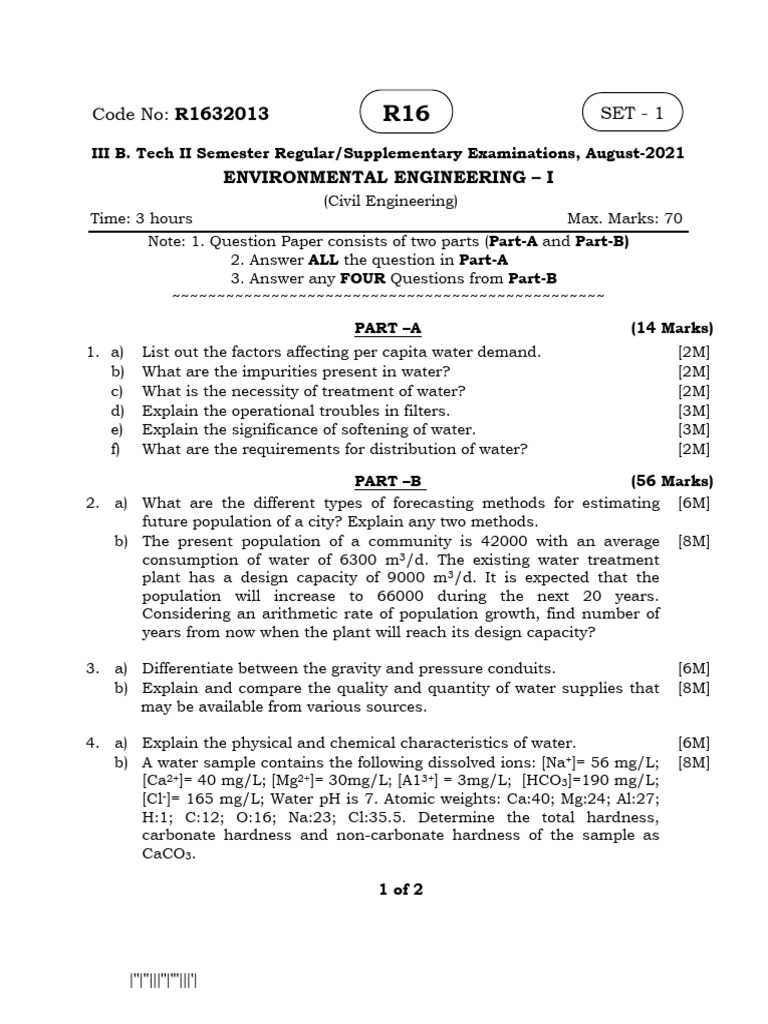 8 Current Sem End QP ENVIRONMENTAL ENGINEERING - I AUG 2021 | PDF | Water | Water Purification