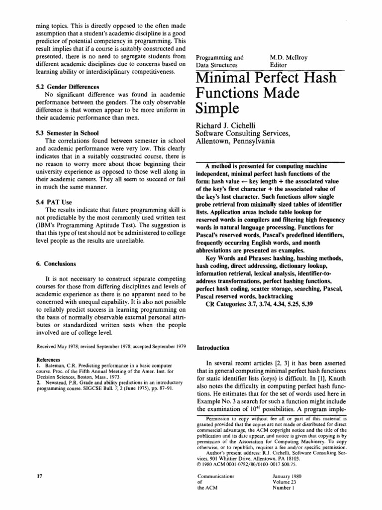 1980 Minimal Perfect Hash Functions Made Simple P17 Cichelli Pdf