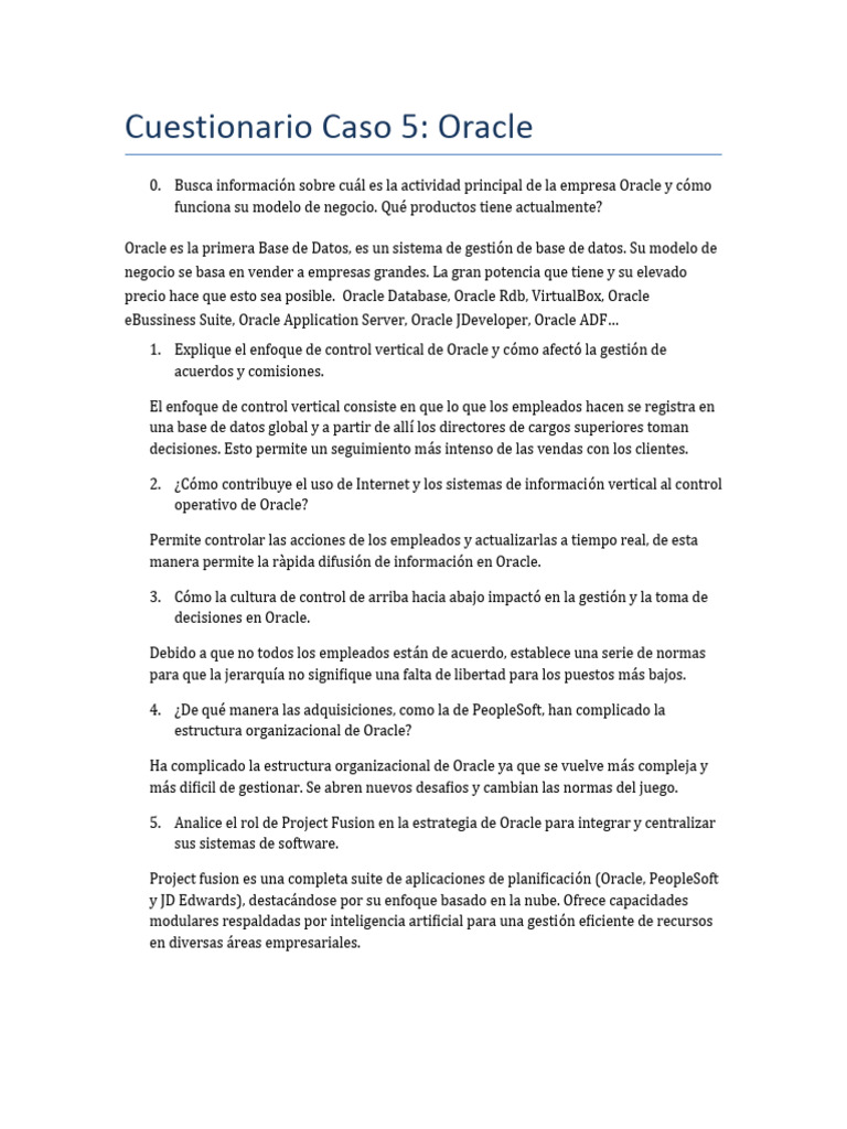 Cuestionario Oracle | PDF | Oracle Corporation | Bases de datos