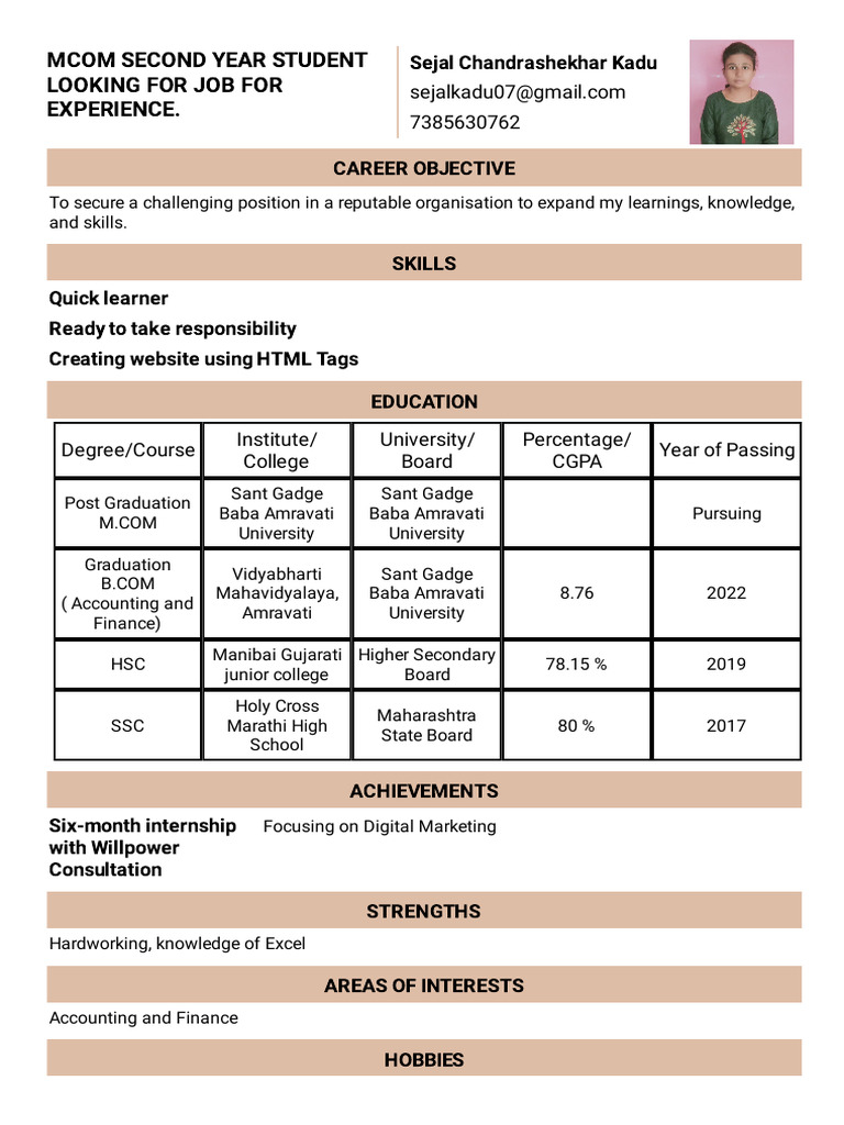 MCOM Graduate Seeking Job Experience | PDF | Learning