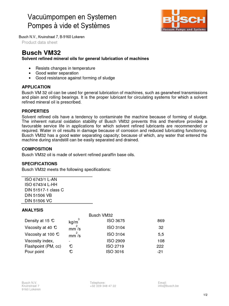 Industrial Lubricant: Busch VM32 | PDF | Technology & Engineering