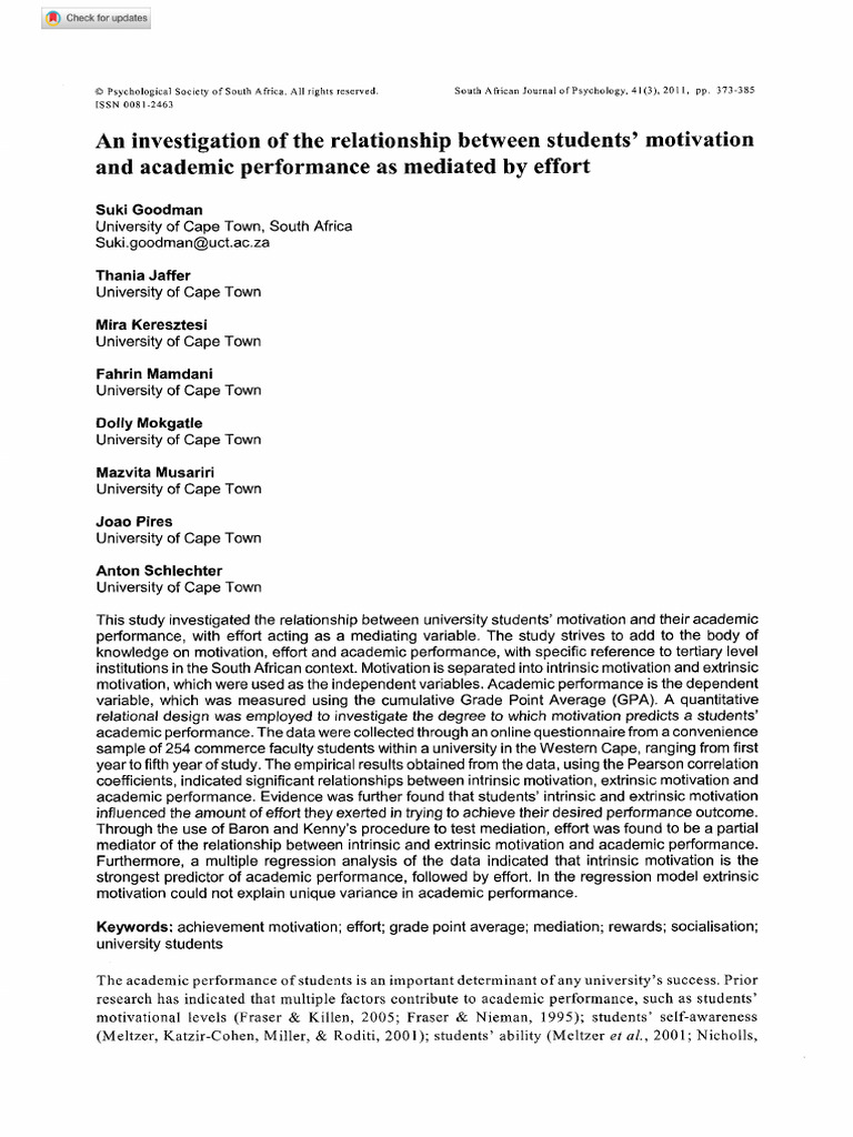 Goodman Et Al 2011 An Investigation of The Relationship Between Students Motivation and Academic ...