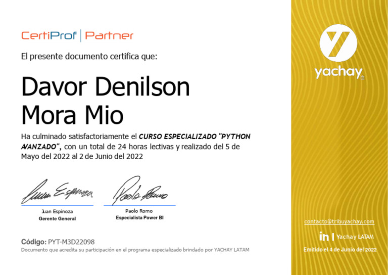 Certificado - Davor Mora - Python Avanzado | PDF