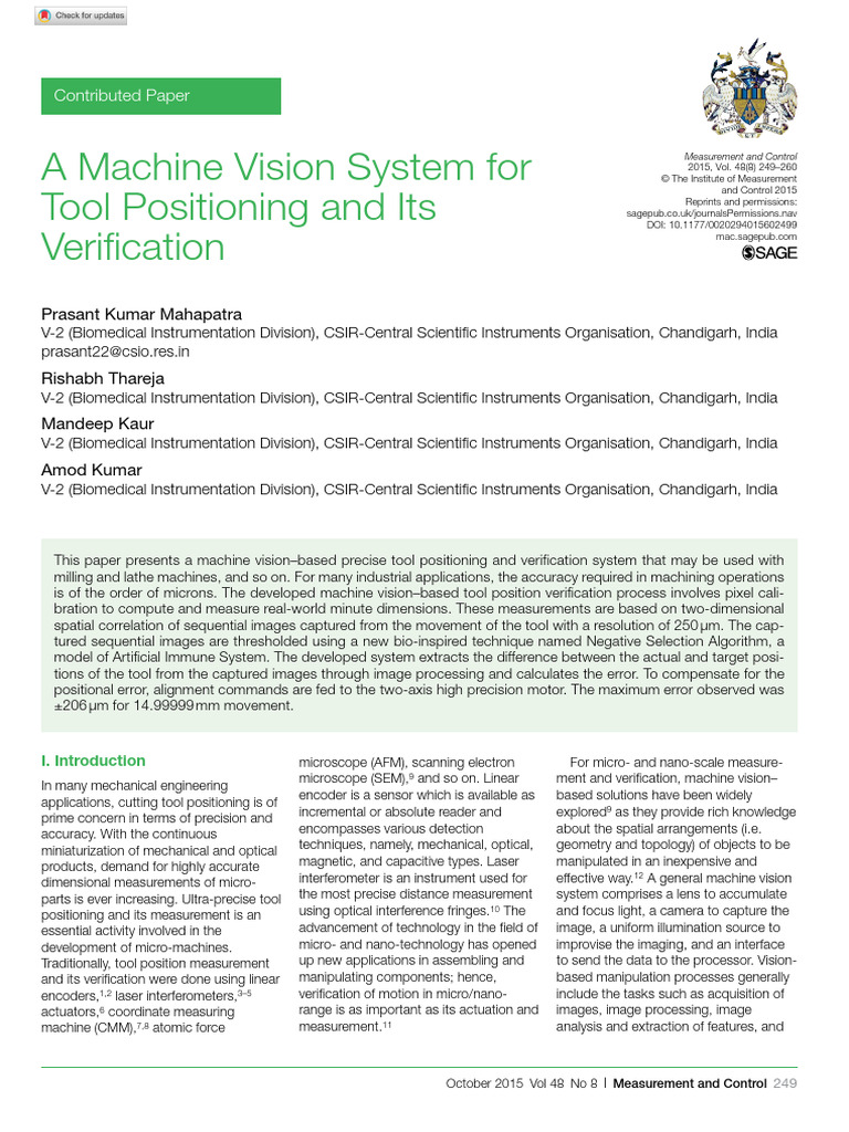 Mahapatra Et Al 2015 A Machine Vision System For Tool Positioning and ...