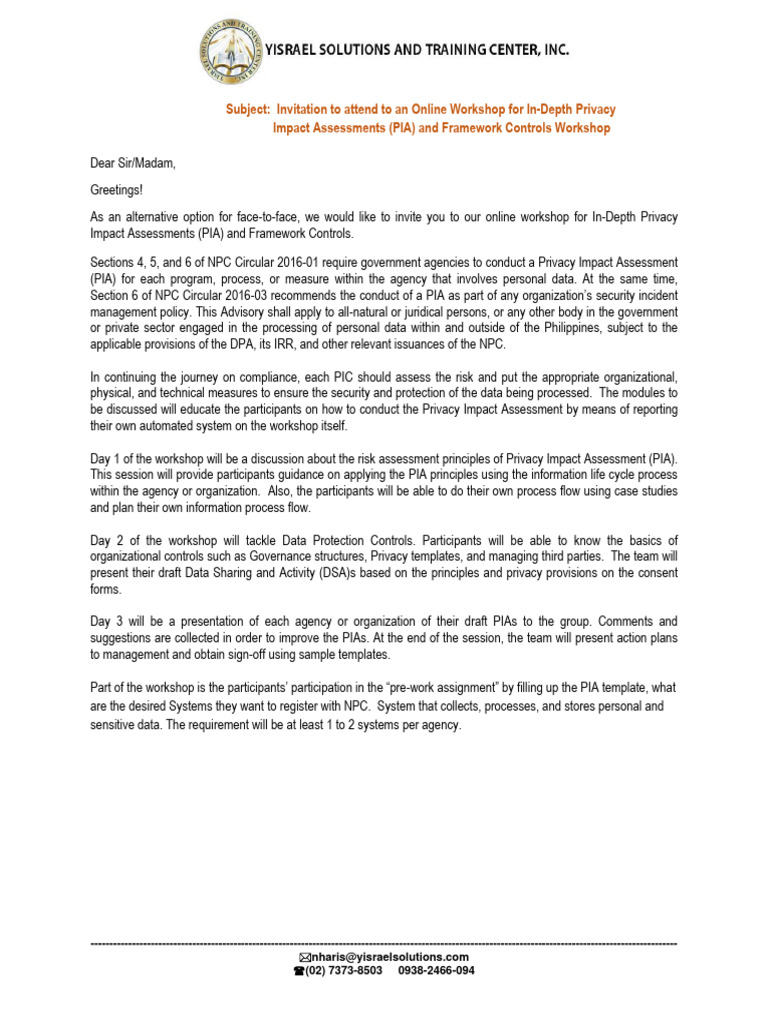 PIA Invitation Letter | PDF | Privacy | Information Technology Management