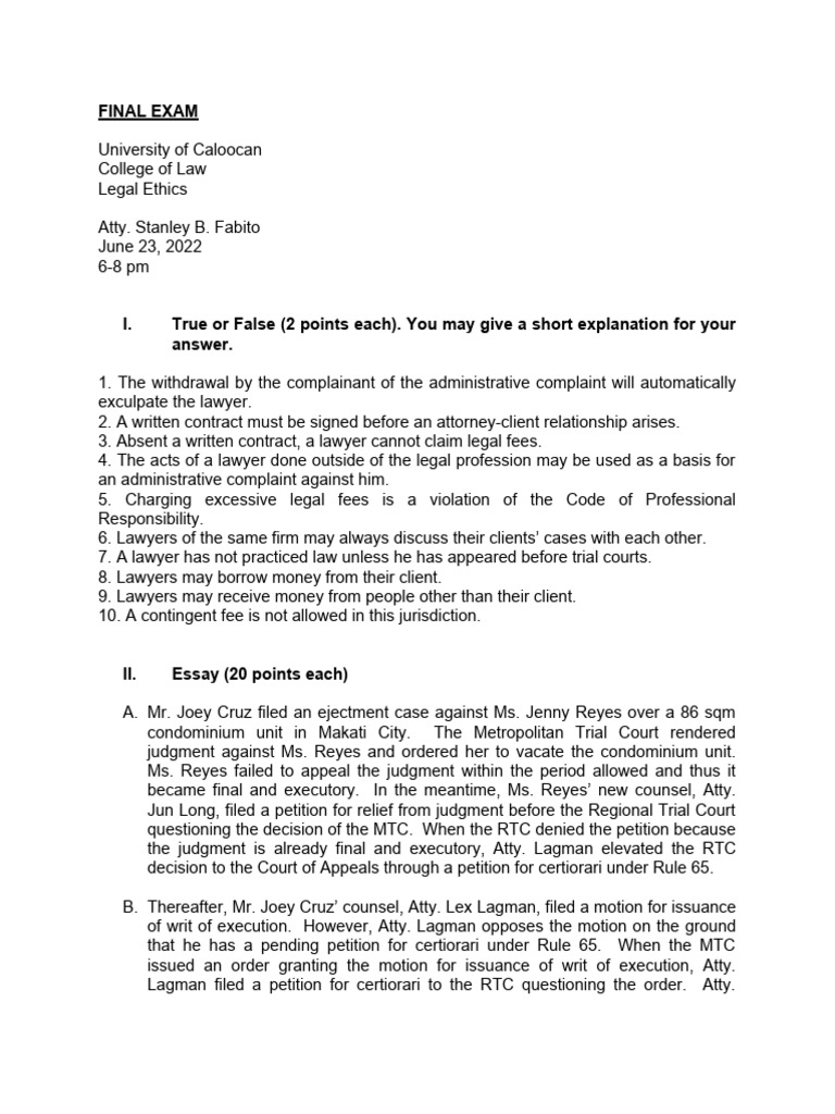 Legal Ethics Final Exam Overview | PDF | Lawyer | Judgment (Law)
