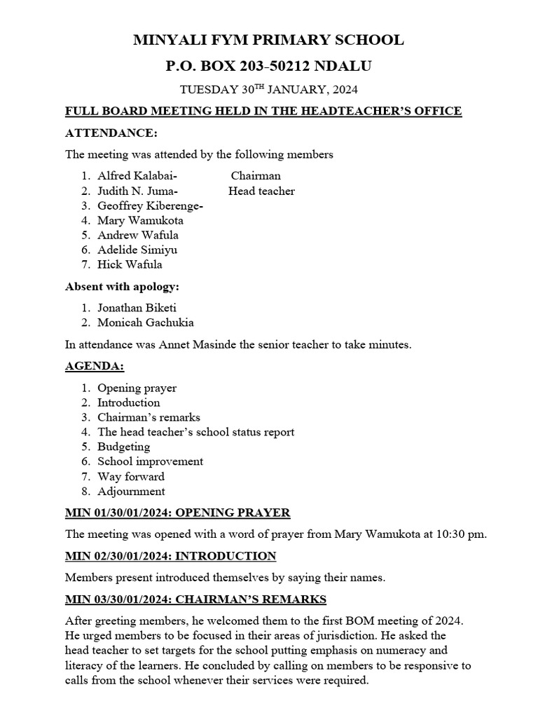 Minyali FYM School Board Meeting Summary | PDF | Science & Mathematics