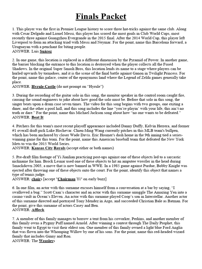 2016 IHBB Sports and Entertainment Bee Final Round | PDF