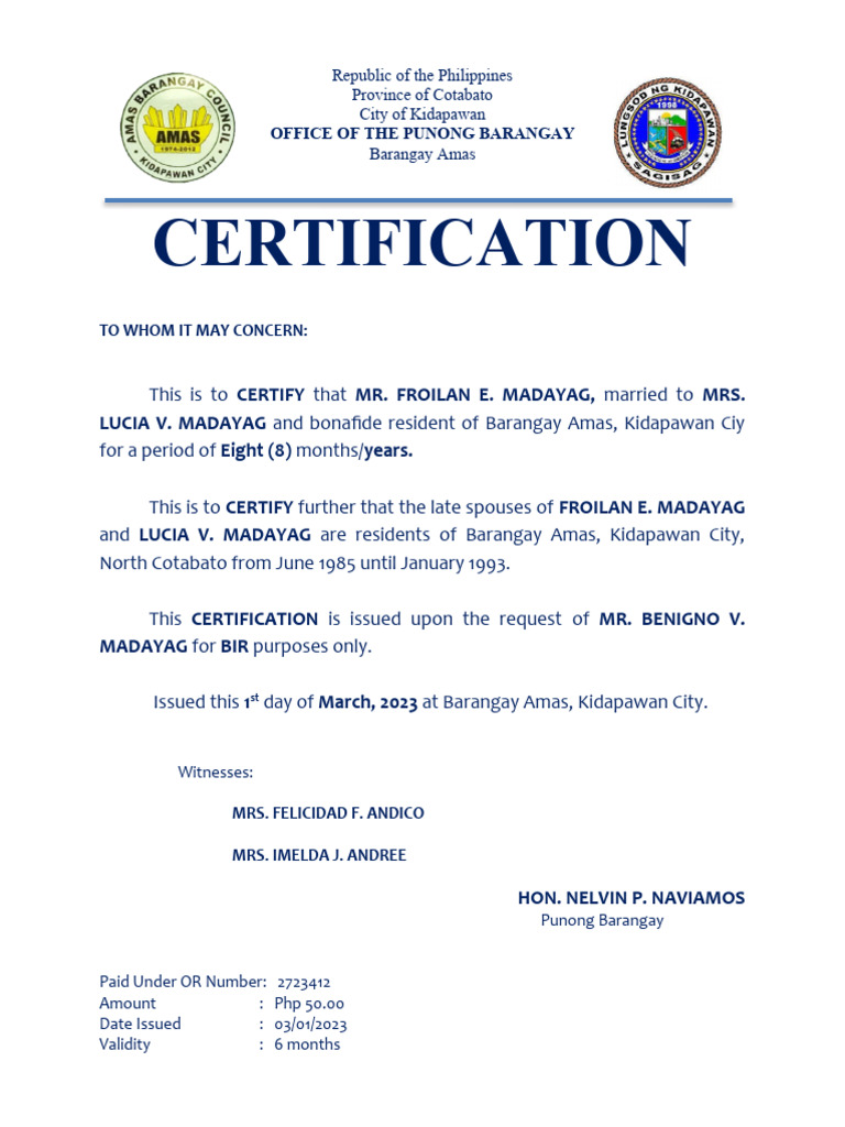 Barangay Certification For Died Person | PDF