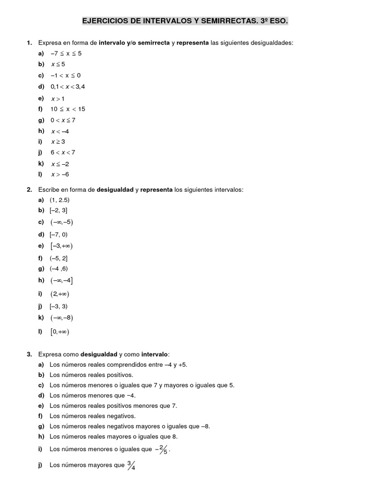 3º Eso Ejercicios de Repaso de Intervalos y Semirrectas | PDF