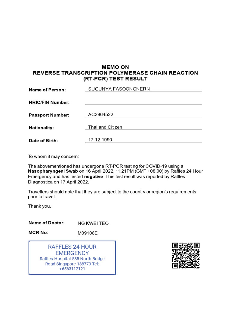 Memo On Reverse Transcription Polymerase Chain Reaction (RT-PCR) Test ...
