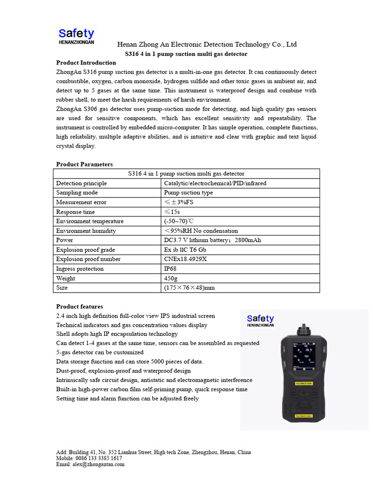 S316 Multi-Gas Detector Overview | PDF