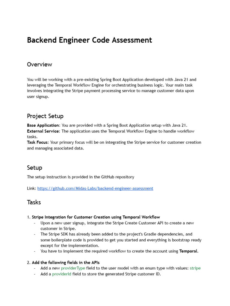 Backend Engineer Code Assessment | PDF | Spring Framework | Java (Programming Language)