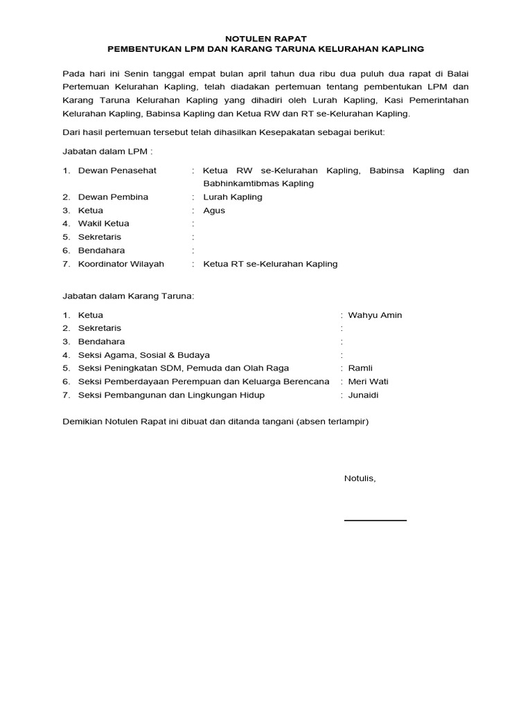 Notulen Rapat LPM KRG Taruna | PDF