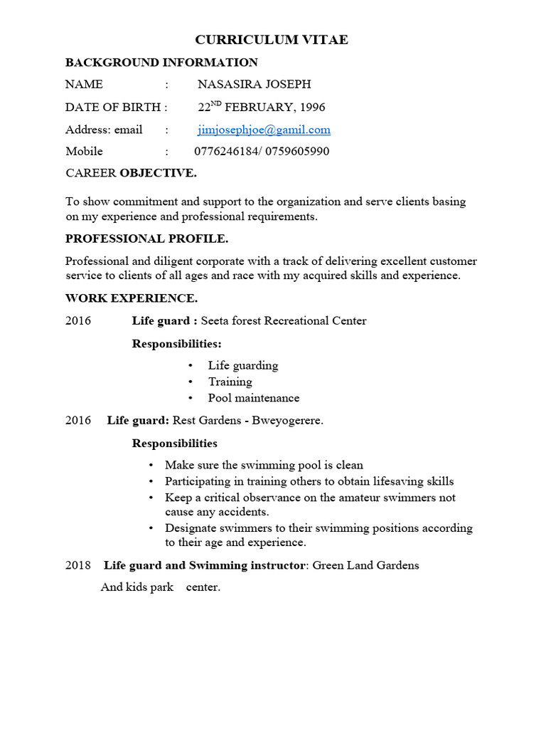 Nasasira Joseph CV | PDF | Swimming