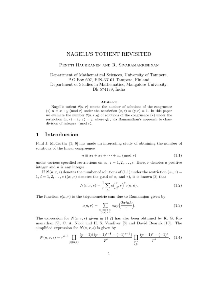 Math Insights on Nagell's Totient | PDF | Functions And Mappings ...