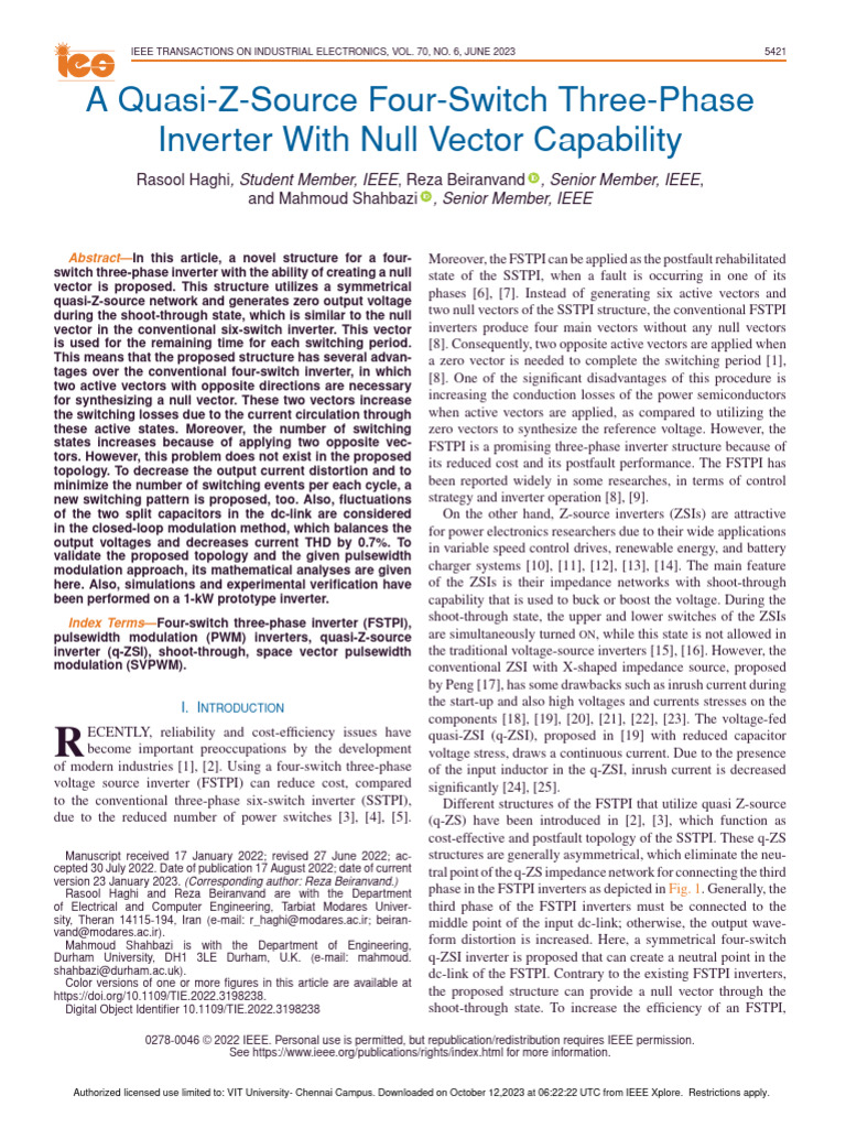 A Quasi-Z-Source Four-Switch Three-Phase Inverter With Null Vector Capability | PDF | Power ...
