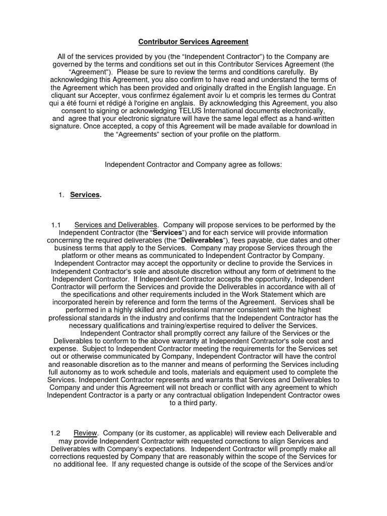 Contributor Service Agreement | PDF | Arbitration | Indemnity