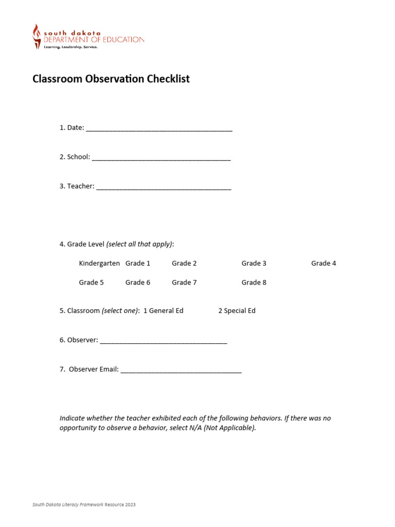 ClassroomObservation Checklist | PDF | Cognition | Linguistics