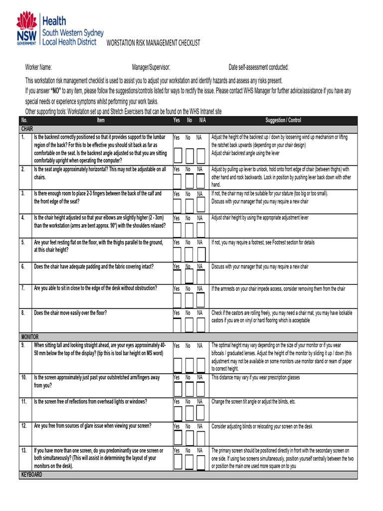 Work Station Risk Management Checklist Final | PDF | Chair | Laptop