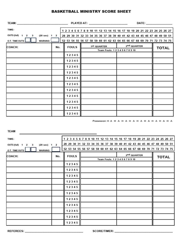 Basketball Ministry Score Sheet Template | PDF | Sports | Team Sports