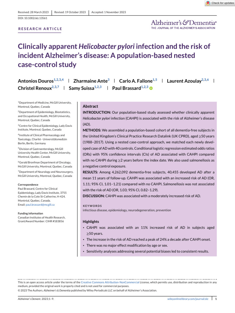 Alzheimer S Dementia - 2023 - Douros - Clinically Apparent Helicobacter ...
