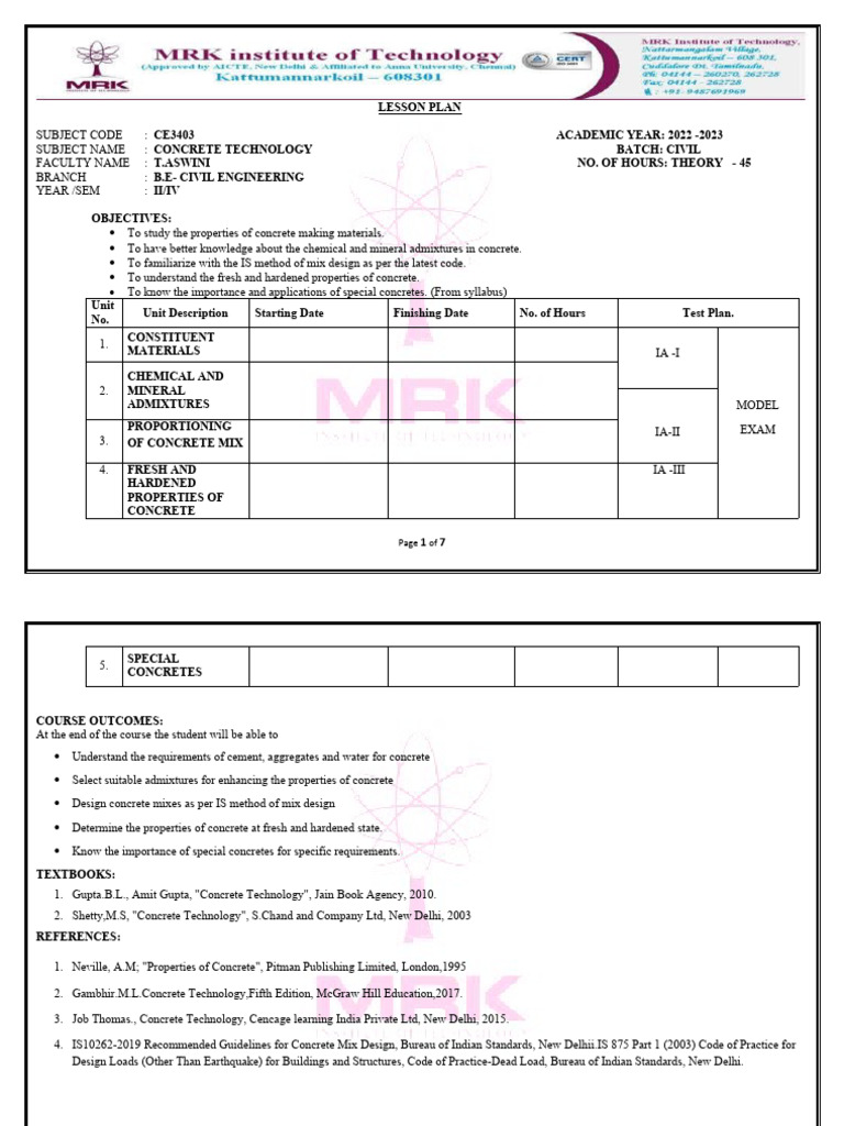 Lesson Plan - CT | PDF | Concrete | Cement