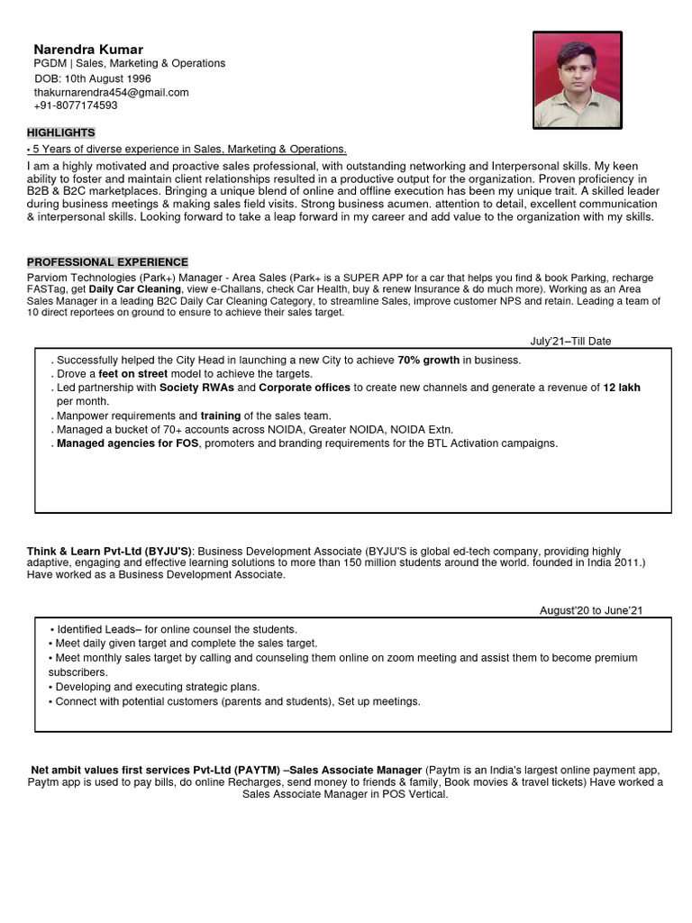 Narendra Raghaw CV | PDF | Sales | Marketing