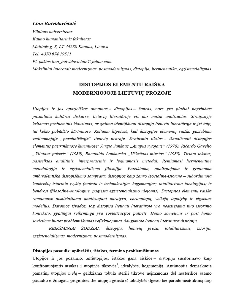 L.Buividaviciute - Utopija Ir Distopija | PDF