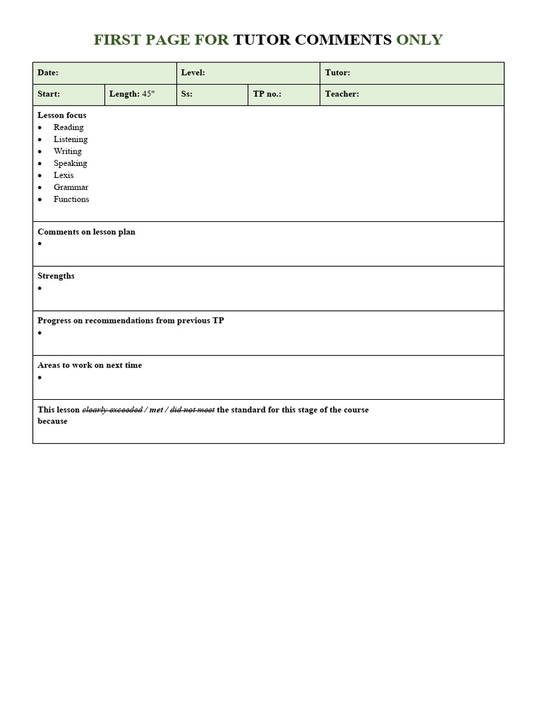Tutor Comments and Lesson Plan Template | PDF