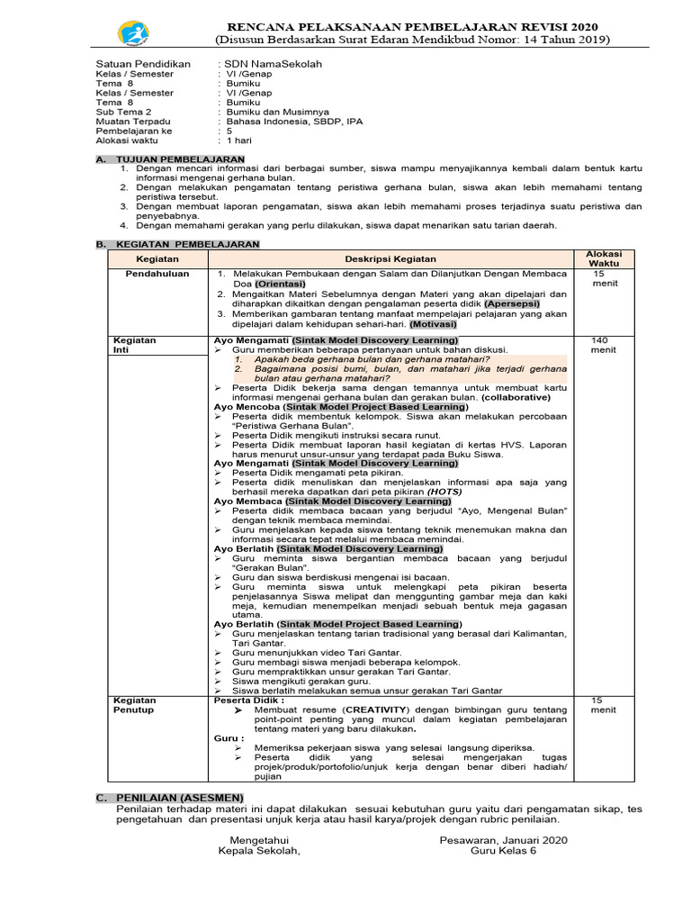 RPP 1L Rev2020 Kelas 6 Tema 8.2.5 (Ref Buku Tematik6 Kemdikbud Revisi ...