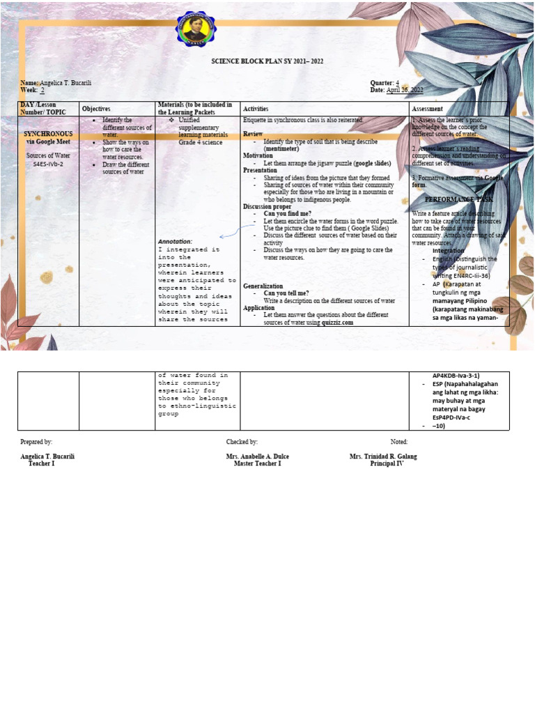 Science Block Cot Plan Sy 2021 | PDF | Learning | Cognition