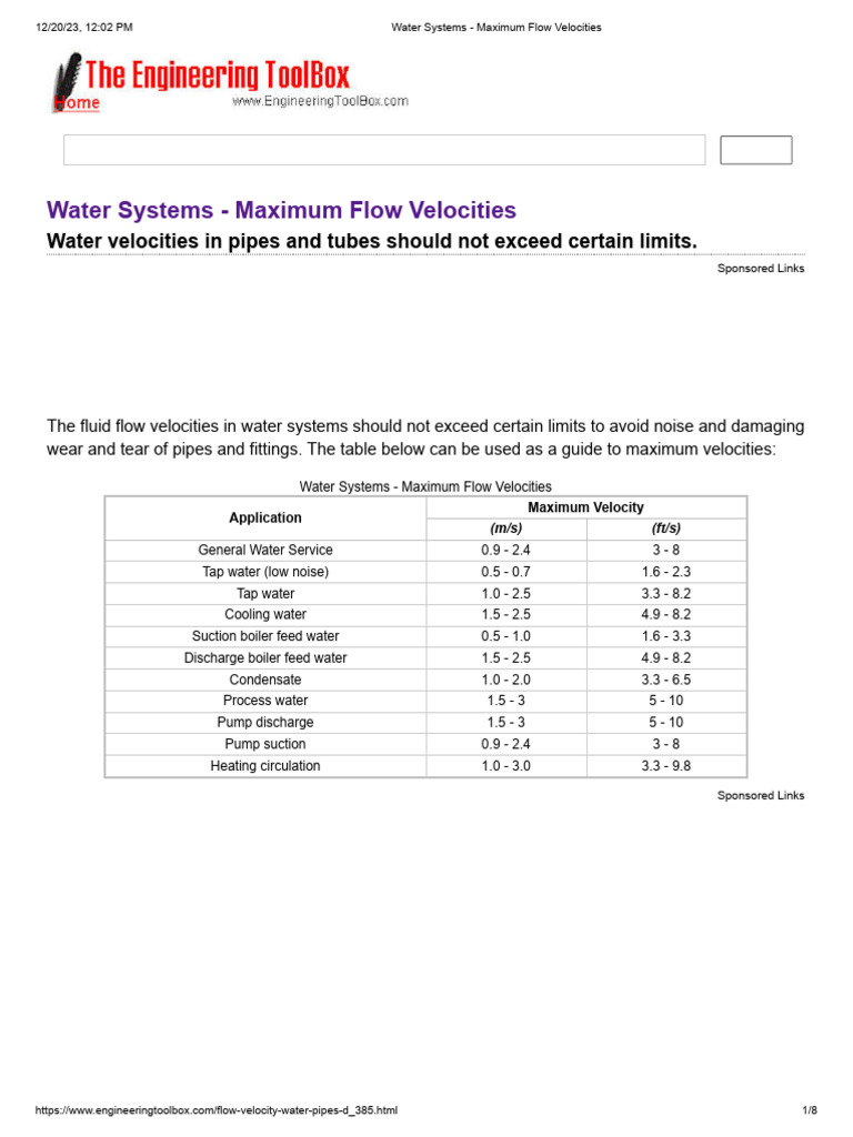 Maximum Water Velocity Guidelines | PDF | Pump | Water