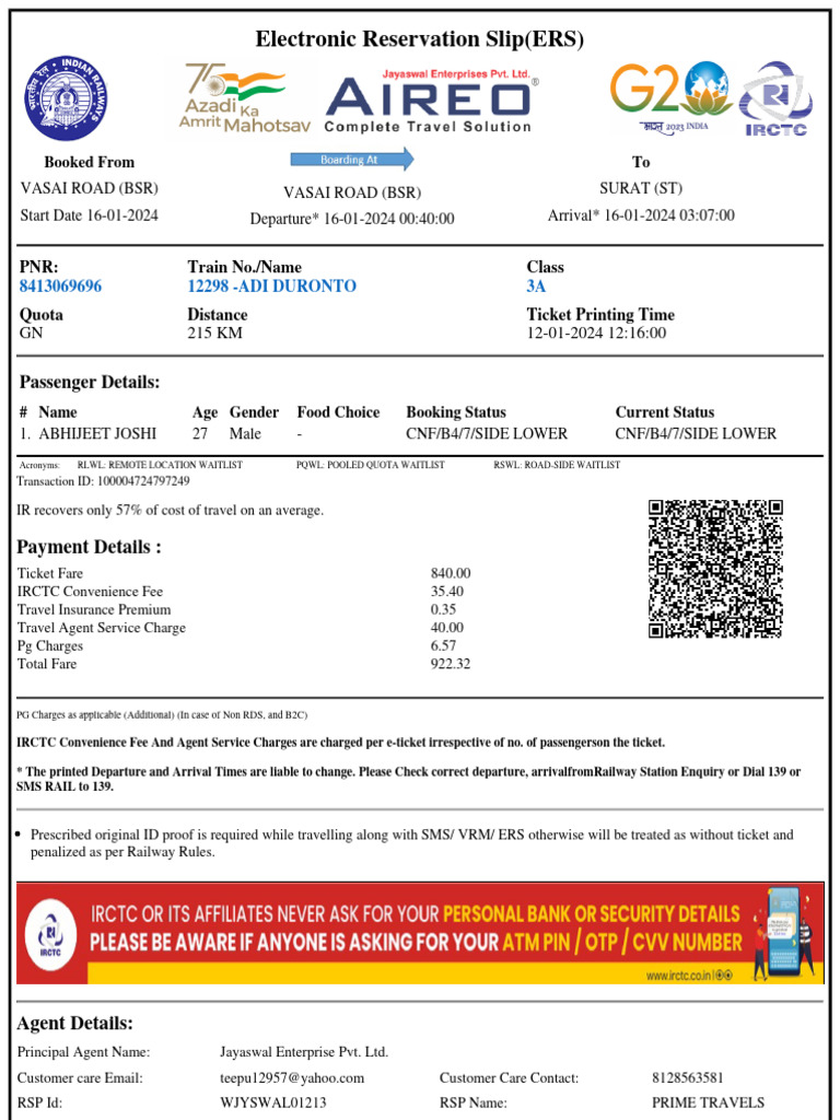 Electronic Reservation Slip (ERS) : PNR: Train No./Name Class | PDF ...