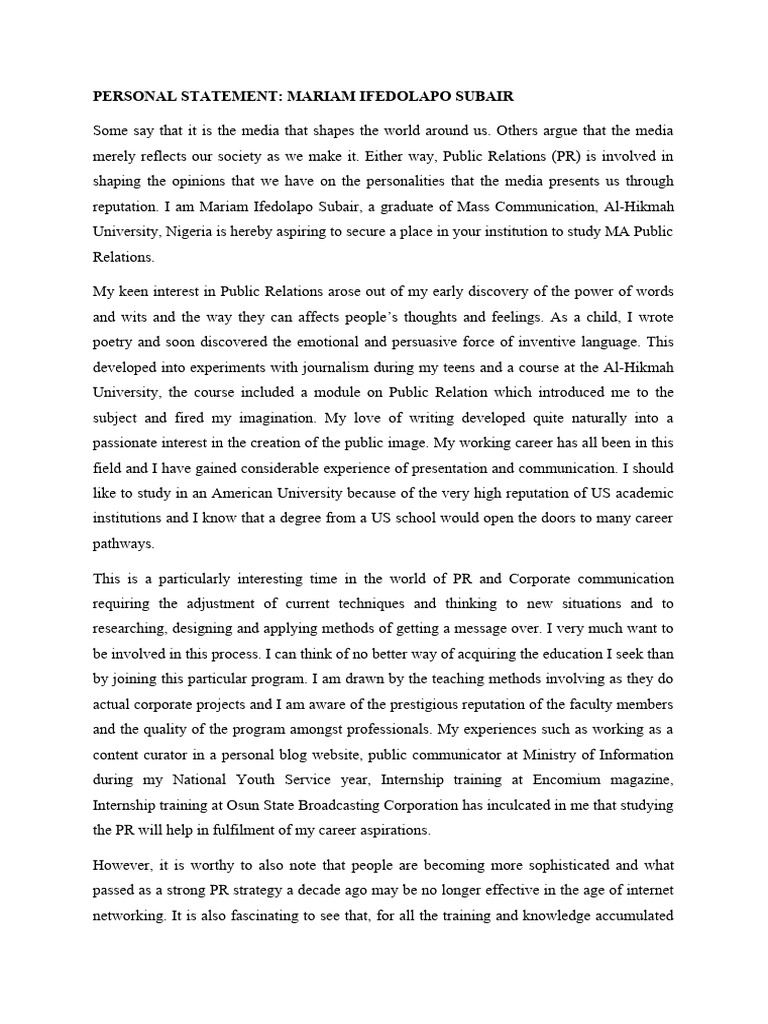 Mariam Subair's PR Personal Statement | PDF | Communication | Human ...