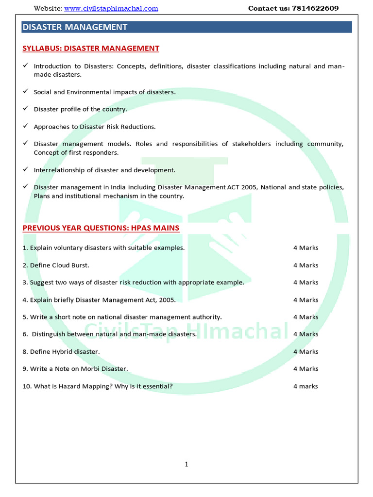Syllabus: Disaster Management | PDF | Flood | Natural Disasters