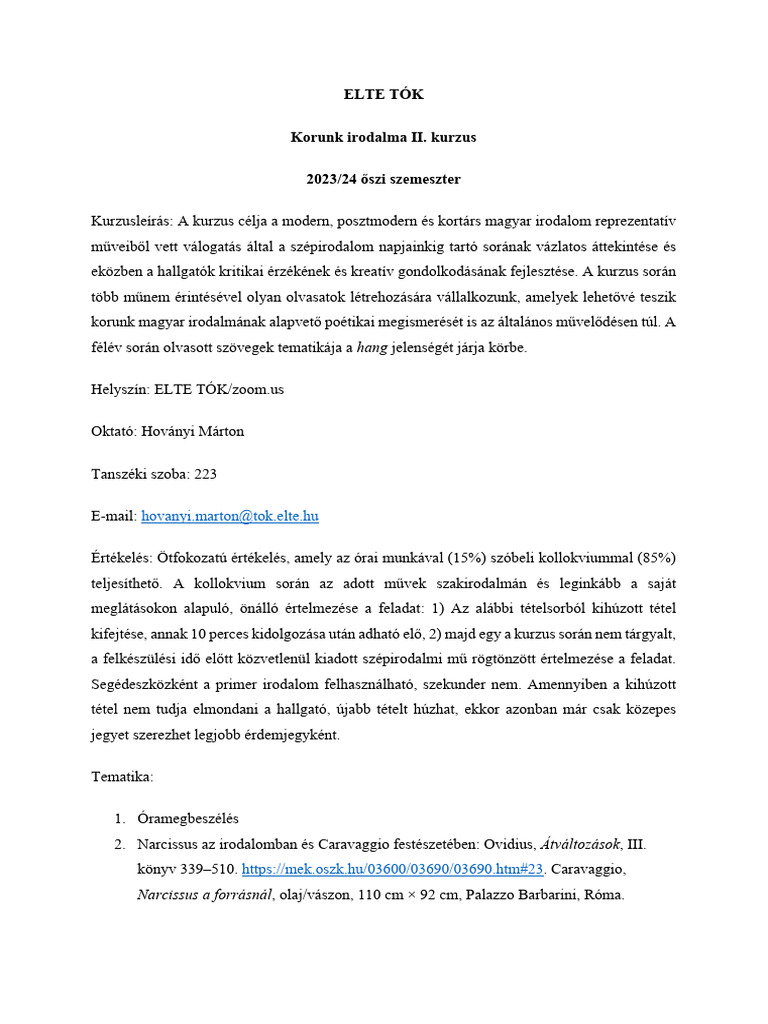 Korunk - Irodalma - II - ELTE - TÓK - 2023 - Osz 2 | PDF