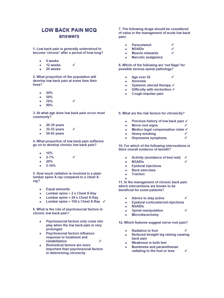 Mcqs Back Pain With Answers | PDF | Back Pain | Low Back Pain
