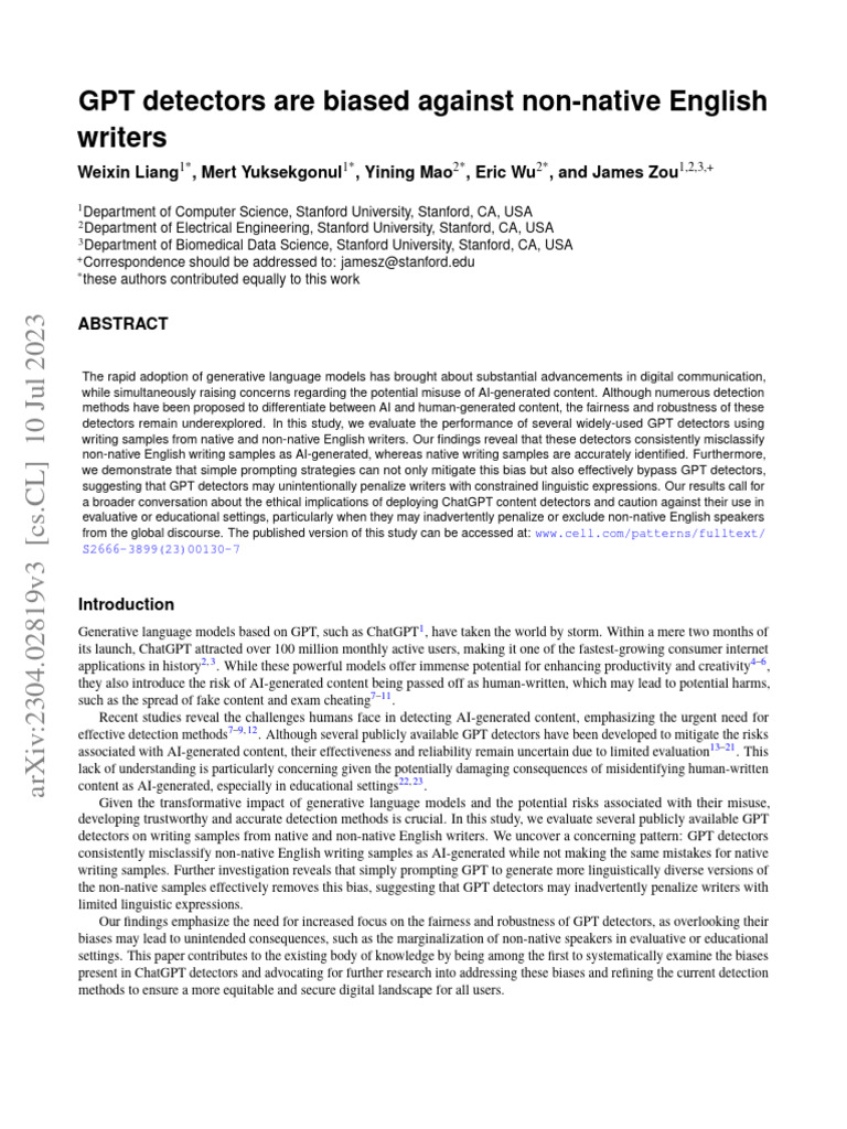 GPT Detectors Are Biased Liang Et Al. 2023 | PDF | Risk | Linguistics
