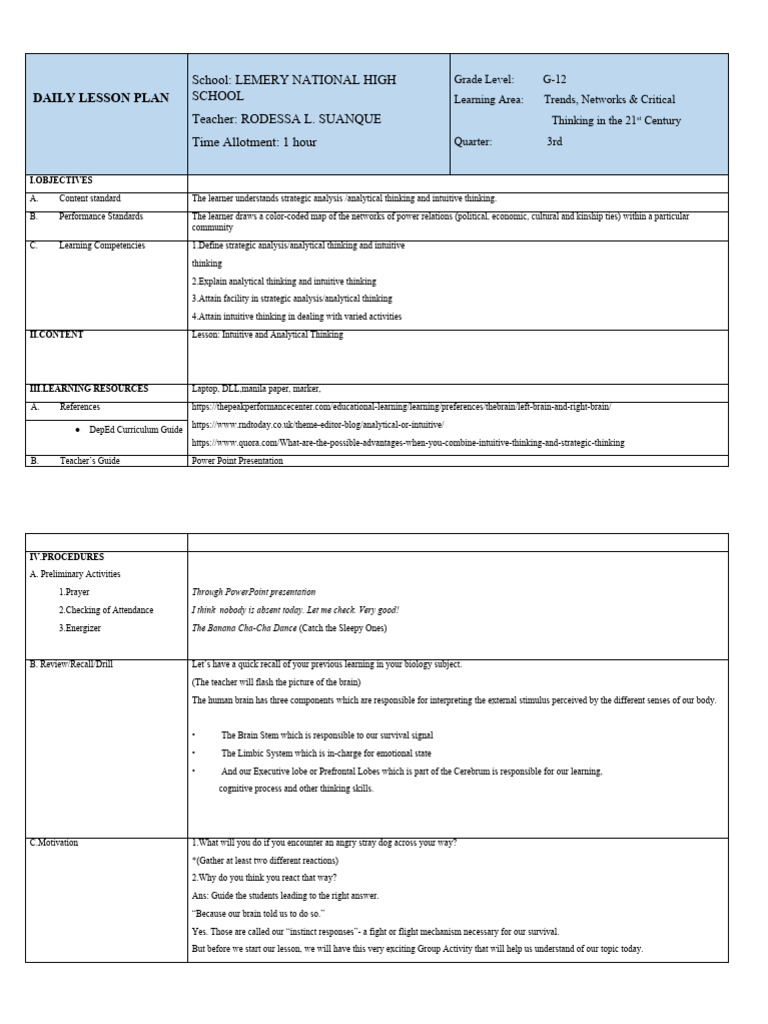 G12 Lesson Plan: Intuitive vs. Analytical Thinking | PDF | Intuition ...