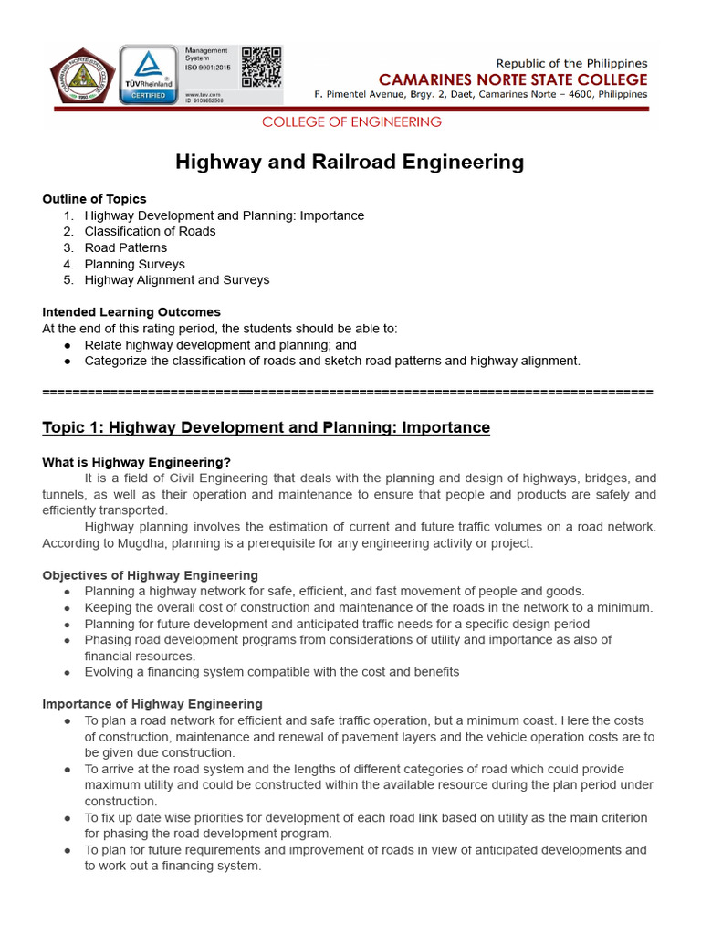 Group 2 Handout Highway Railroad Engineering | PDF | Road | Surveying