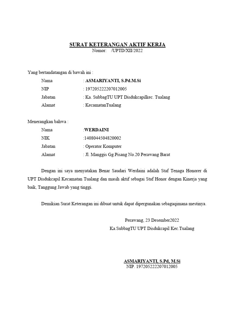 Surat Keterangan Aktif Kerja | PDF