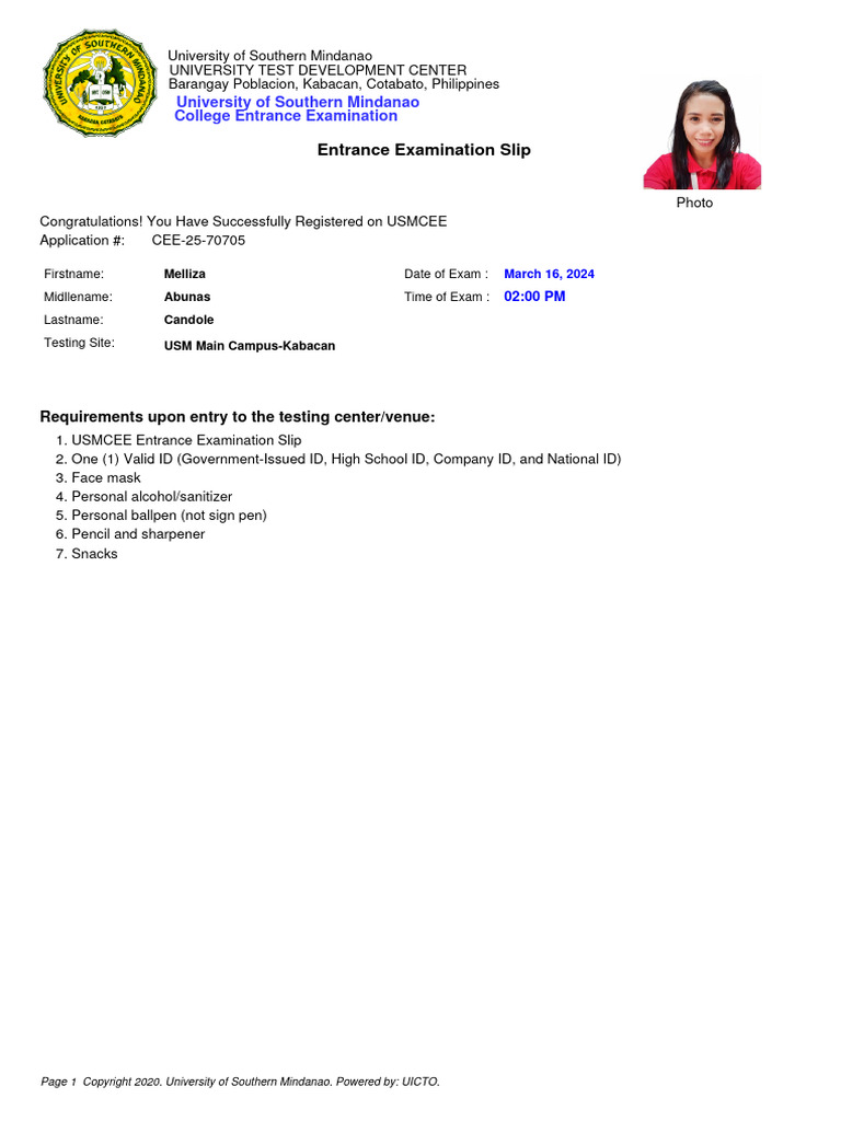 USM Entrance Exam Slip 2024 | PDF | Social Science