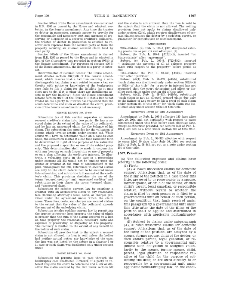 USCODE 2005 Title11 Chap5 Subchapi Sec507 | PDF | Taxes | Employment