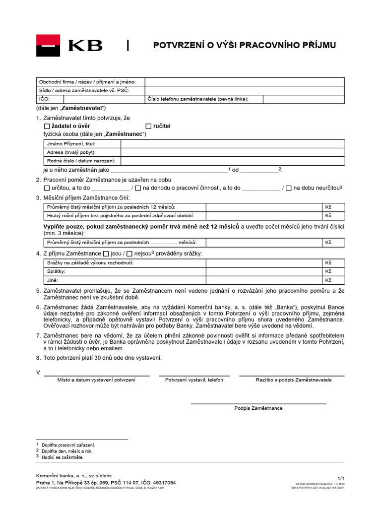 KB Potvrzeni o Vysi Pracovniho Prijmu | PDF