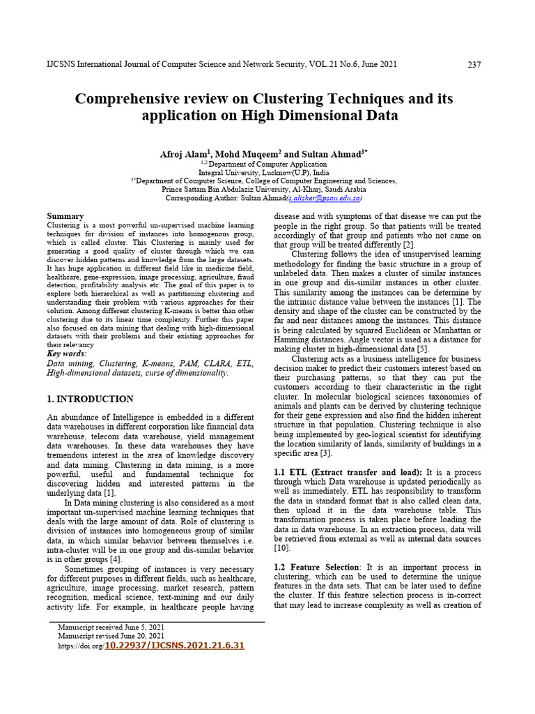Comprehensive Review On Clustering Techniques and Its Application On High Dimensional Data | PDF ...