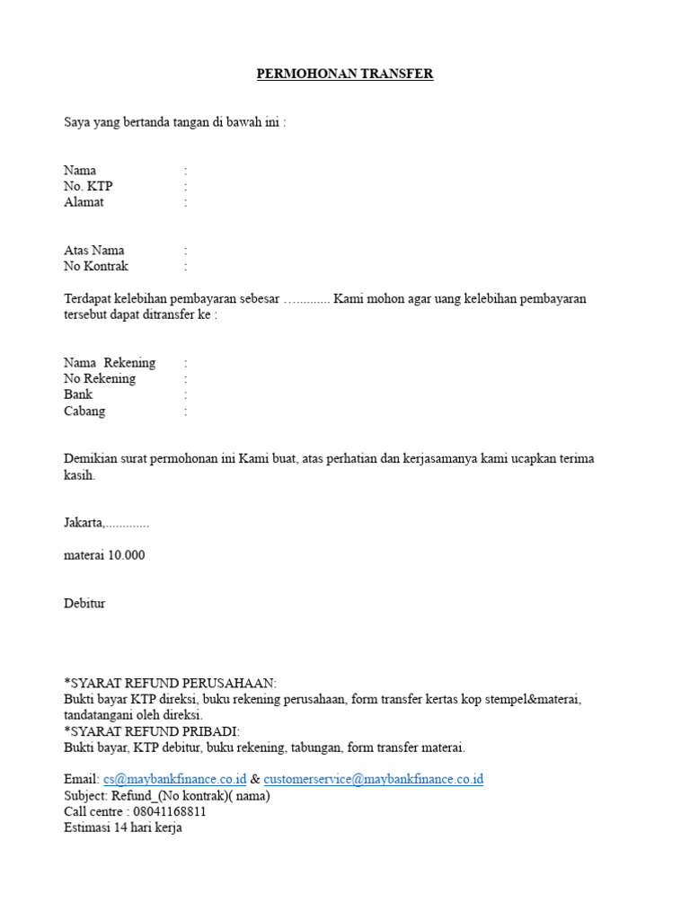 Surat Permohonan Transfer (REFUND DANA) | PDF