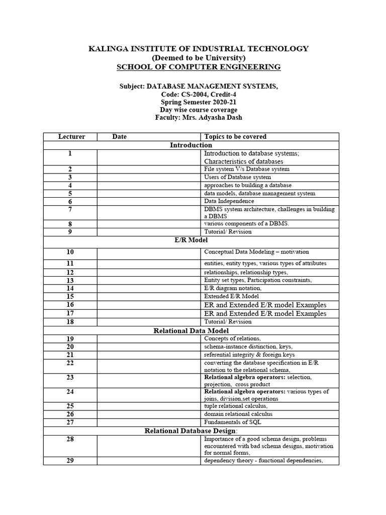 DBMS Day Wise Lession Plan 2021 | PDF | Relational Model | Relational ...