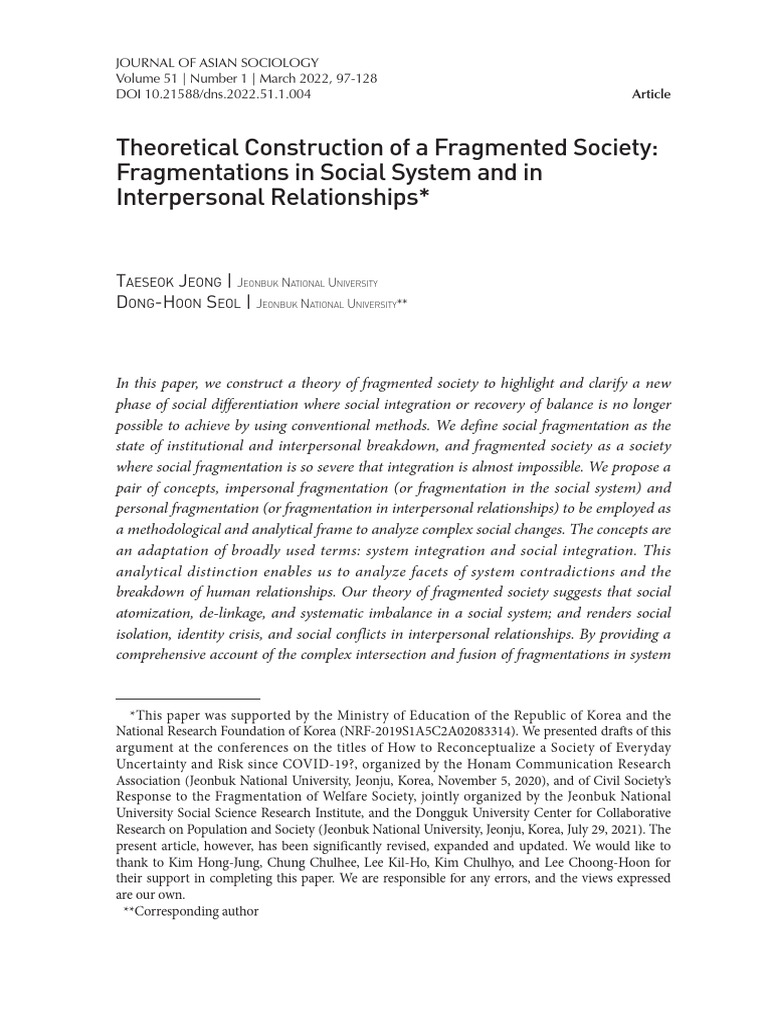 Theoretical Construction of a Fragmented Society Fragmentations in Social System and in ...